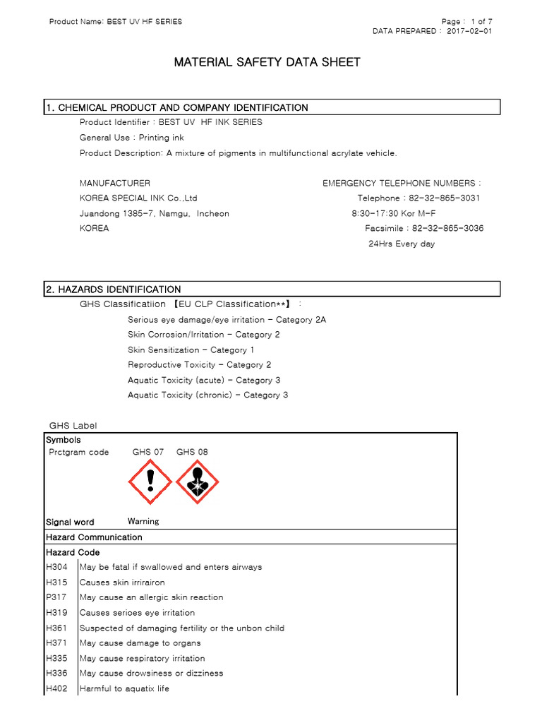 Best UV HF Ink Safety Data Sheet | PDF | Toxicity | Occupational Safety ...