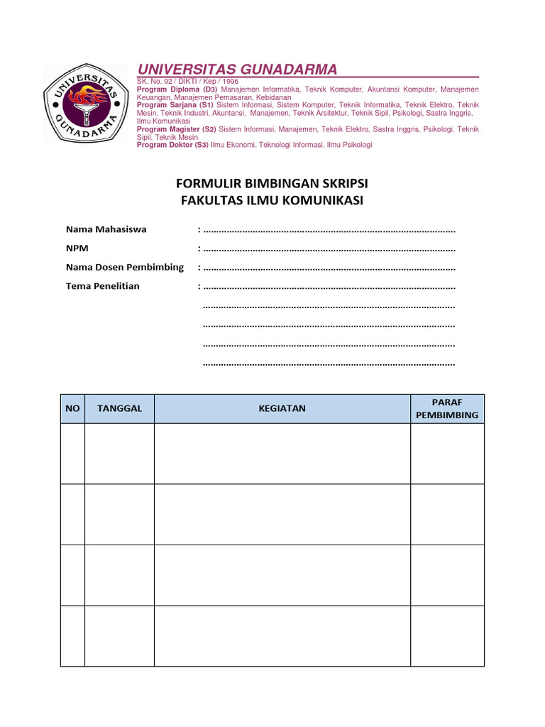Dokumen - Tips - Universitas Gunadarma Formulir Bimbingan Skripsi | PDF