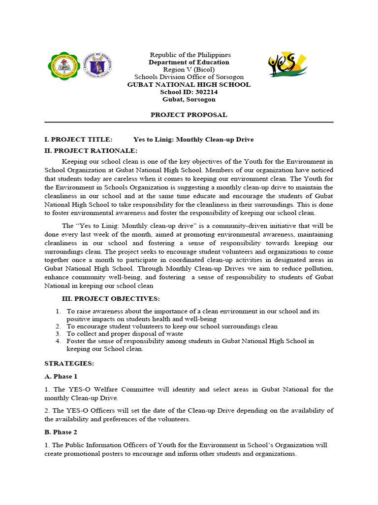 Yes To Linig Monthly Clean Up Drive Proposal | PDF | Environmental ...