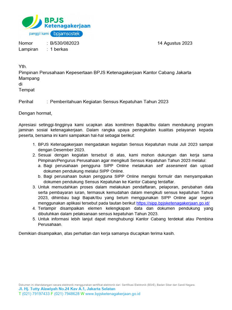 Pemberitahuan Kegiatan Sensus Kepatuhan Tahun 2023 | PDF