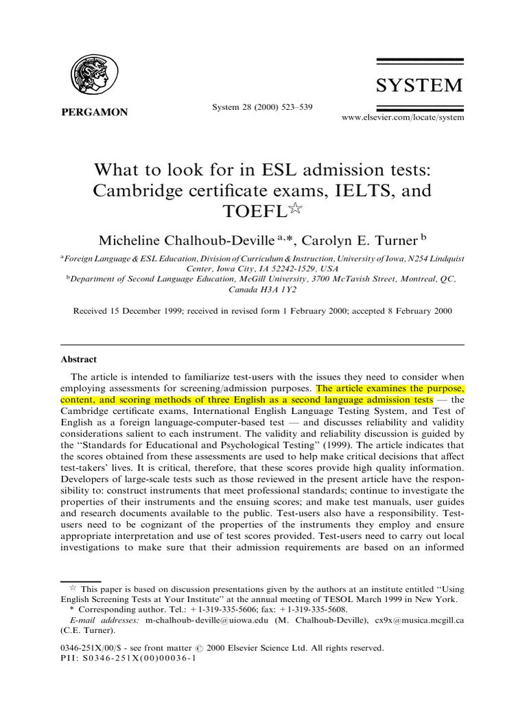 Chalhoub-Deville 2000 What To Look For in ESL Admission Tests Cambridge ...