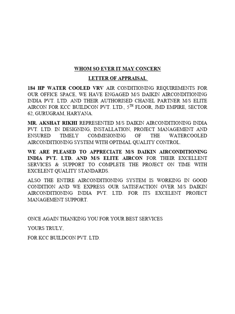 Appreciation Letter for Daikin Services | PDF