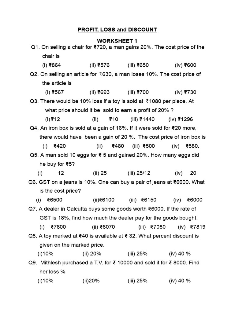 CLASS VIII - Profit, Loss and Discount - Assignment | PDF | Prices ...