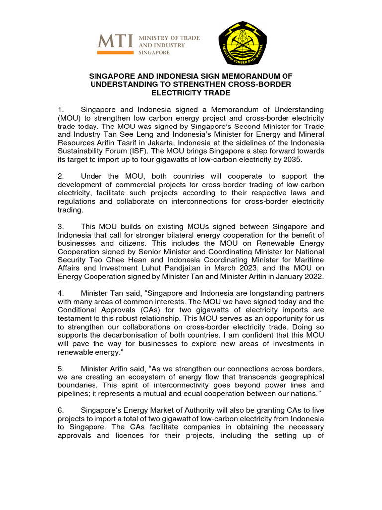 Joint Press Release - Singapore and Indonesia Sign MOU To Strengthen ... Joint Press Release - Singapore and Indonesia Sign MOU To Strengthen ...