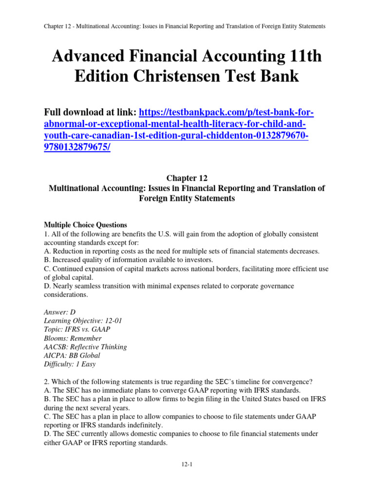 Advanced Financial Accounting 11th Edition Christensen Test Bank ...