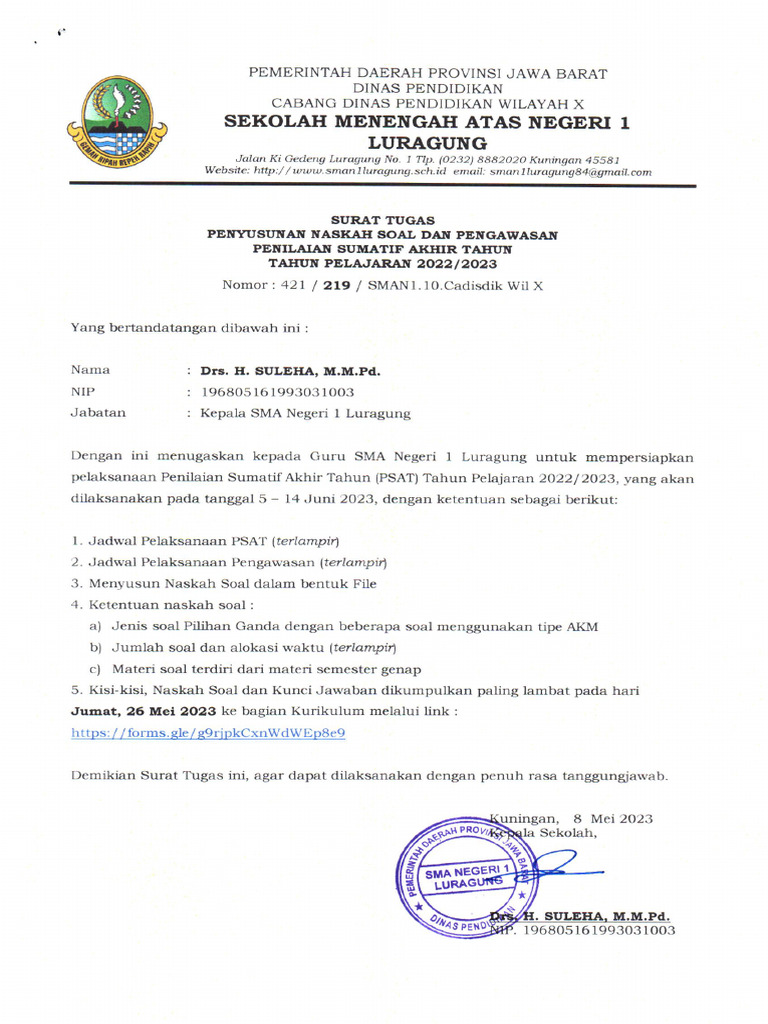 Surat Tugas Pembuatan Soal PSAT 2022-2023 | PDF
