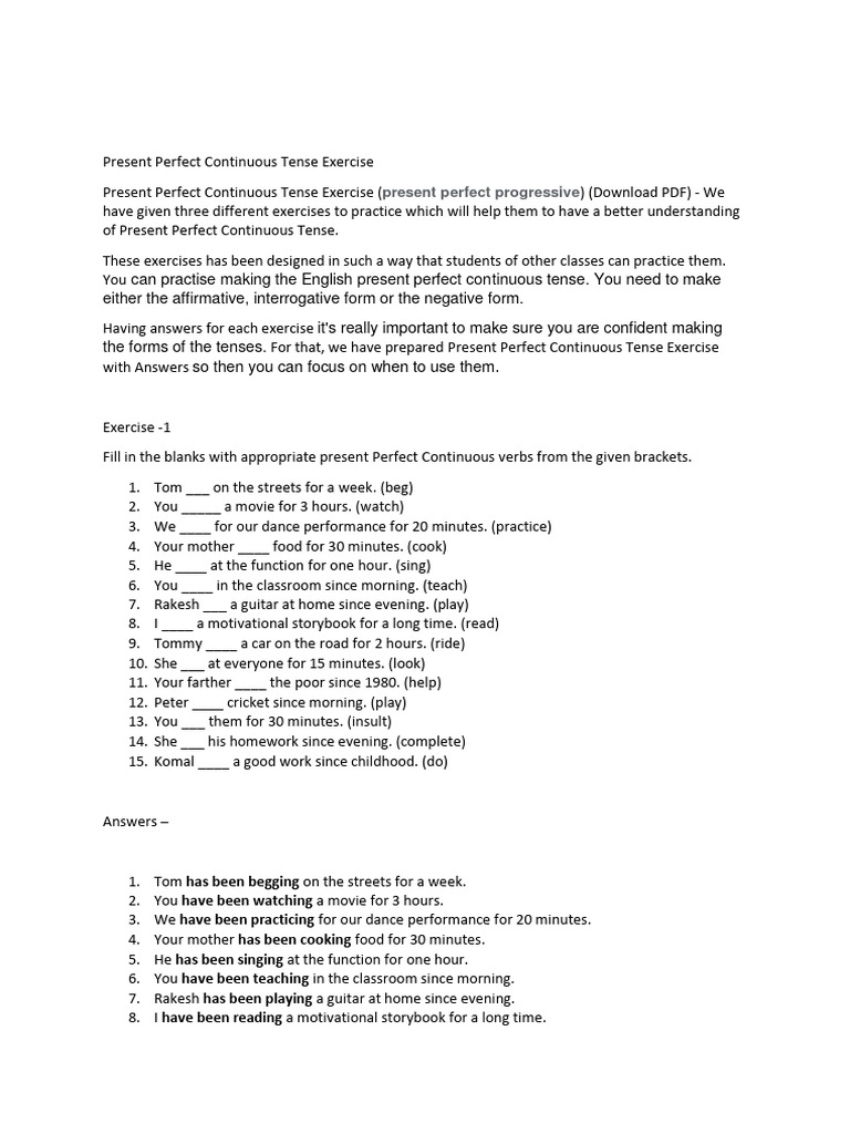 Present Perfect Continuous Tense Exercises | PDF | Language Mechanics | Grammar