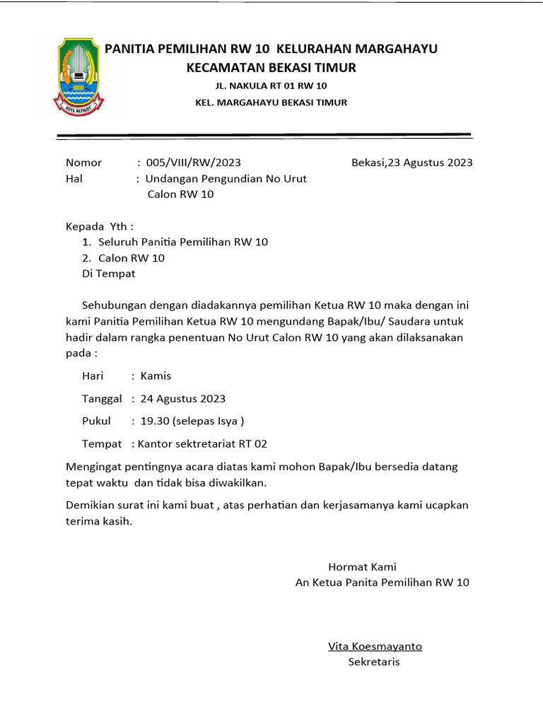 Undangan Pengundian Calon RW 10 | PDF