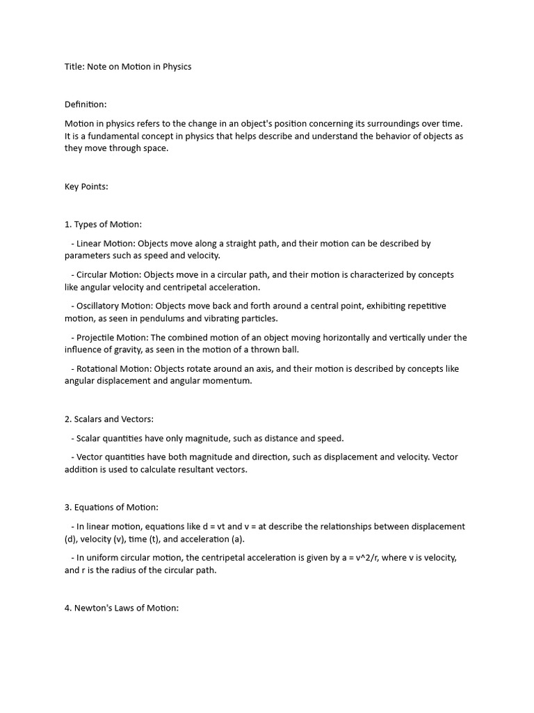 Note On Motion in Physics | PDF | Force | Acceleration