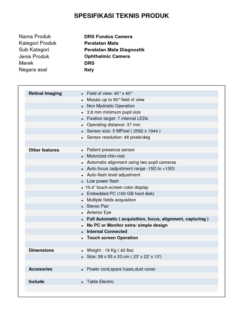 Spesifikasi DRS Fundus Camera | PDF