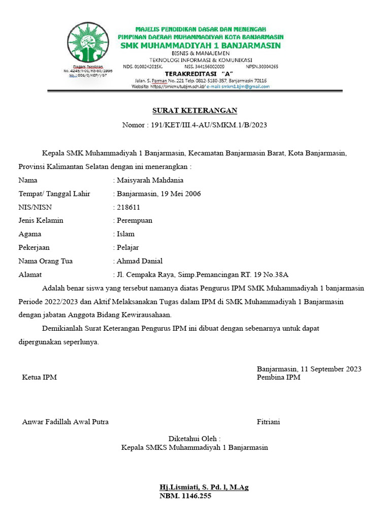 Surat Keterangan Aktif IPM Siswa | PDF