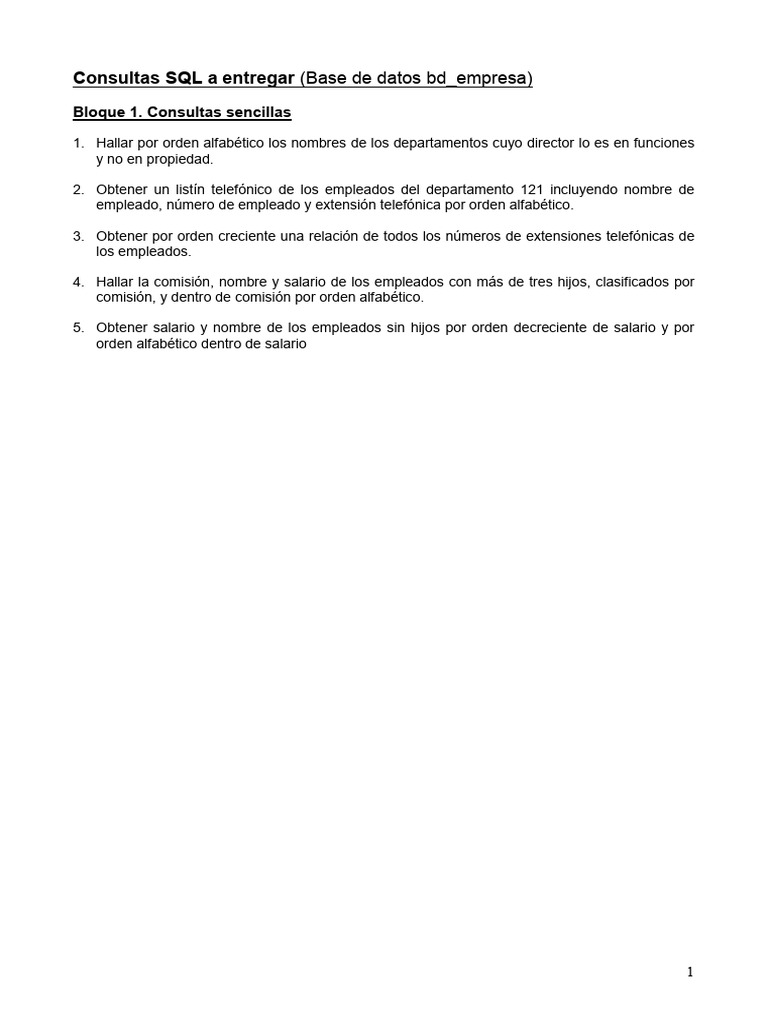 Consultas SQL A Entregar (Base de Datos BD - Empresa) | PDF | Salario | Presupuesto