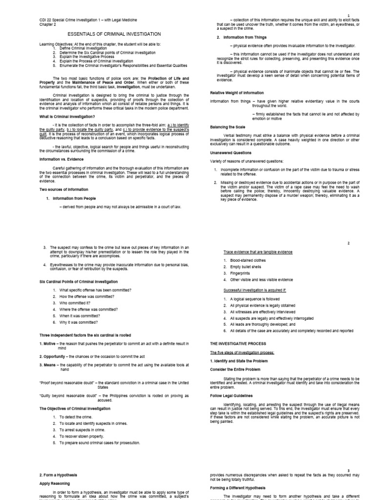 CDI 22 Prelim Chapter 2 Essentials of Criminal Invetigation B | PDF | Crime Scene | Witness