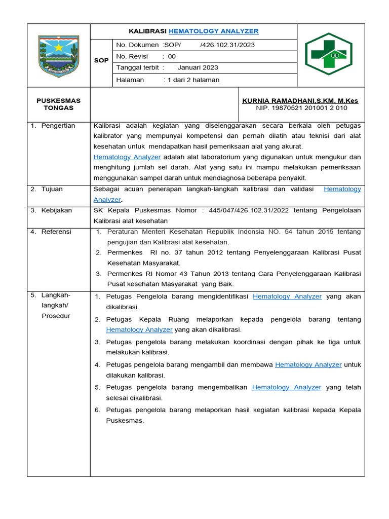 Sop Kalibrasi 2023 Hematology Analyzer | PDF