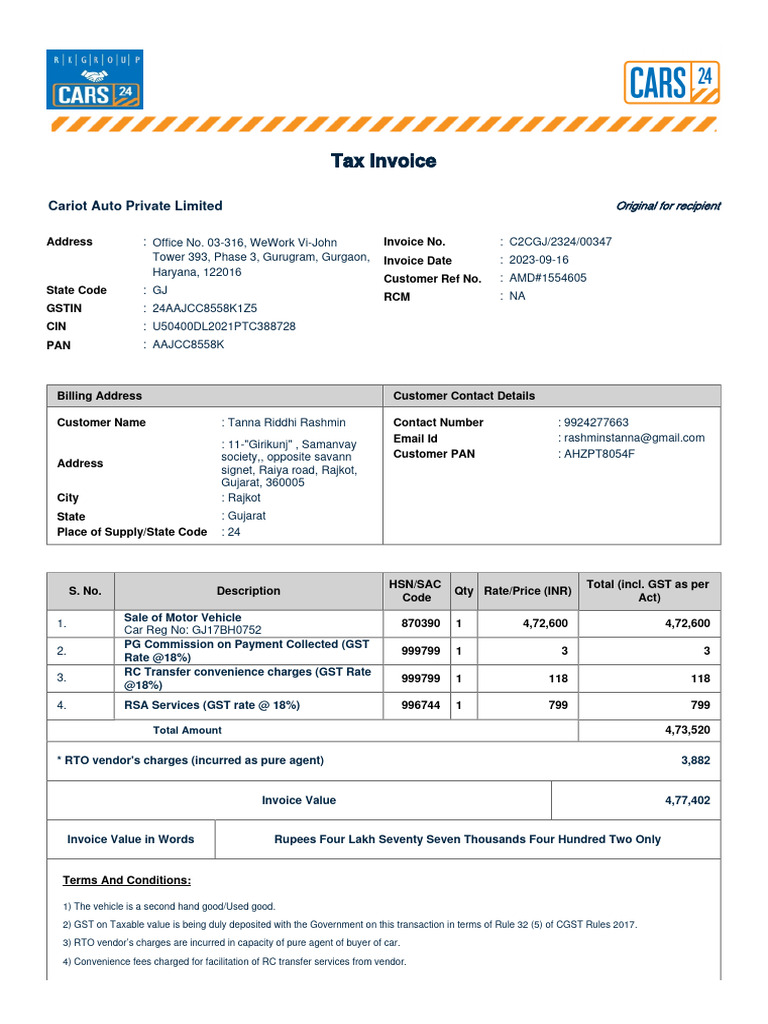 Tax Invoice: Cariot Auto Private Limited | PDF | Invoice | Government