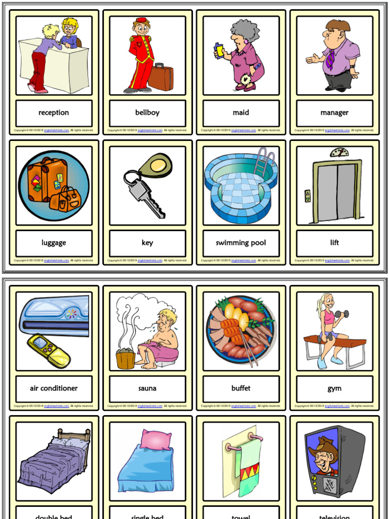 Hotel Vocabulary Esl Printable Learning Cards For Kids | PDF | All ...