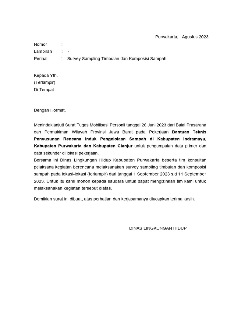 Draft Surat Pengantar Sampling PWK 3 | PDF