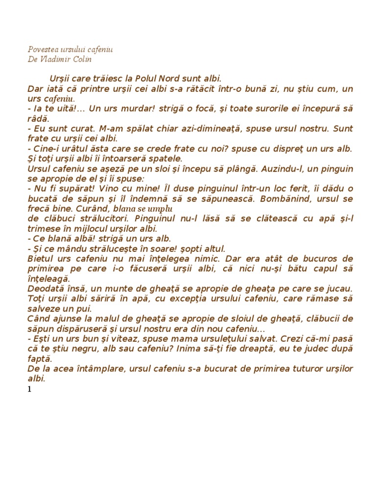 Povestea Ursului Cafeniu de Vladimir Colin | PDF