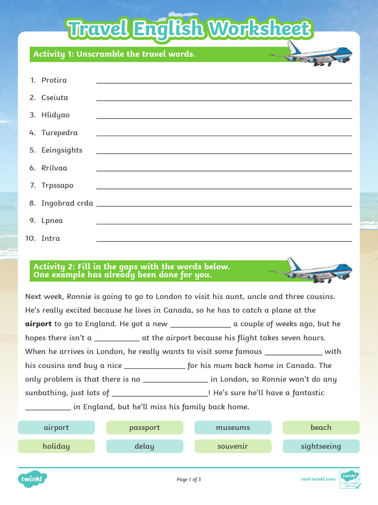 Travel English Worksheet Activities | PDF | Tourism | Transport