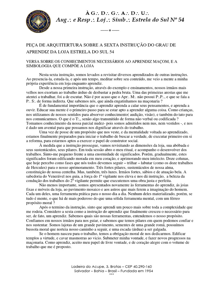 Ian Costa 6 Instrução Aprendiz | PDF | Loja Maçônica | Aprendizado