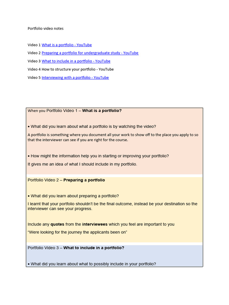 Portfolio Video Notes | PDF