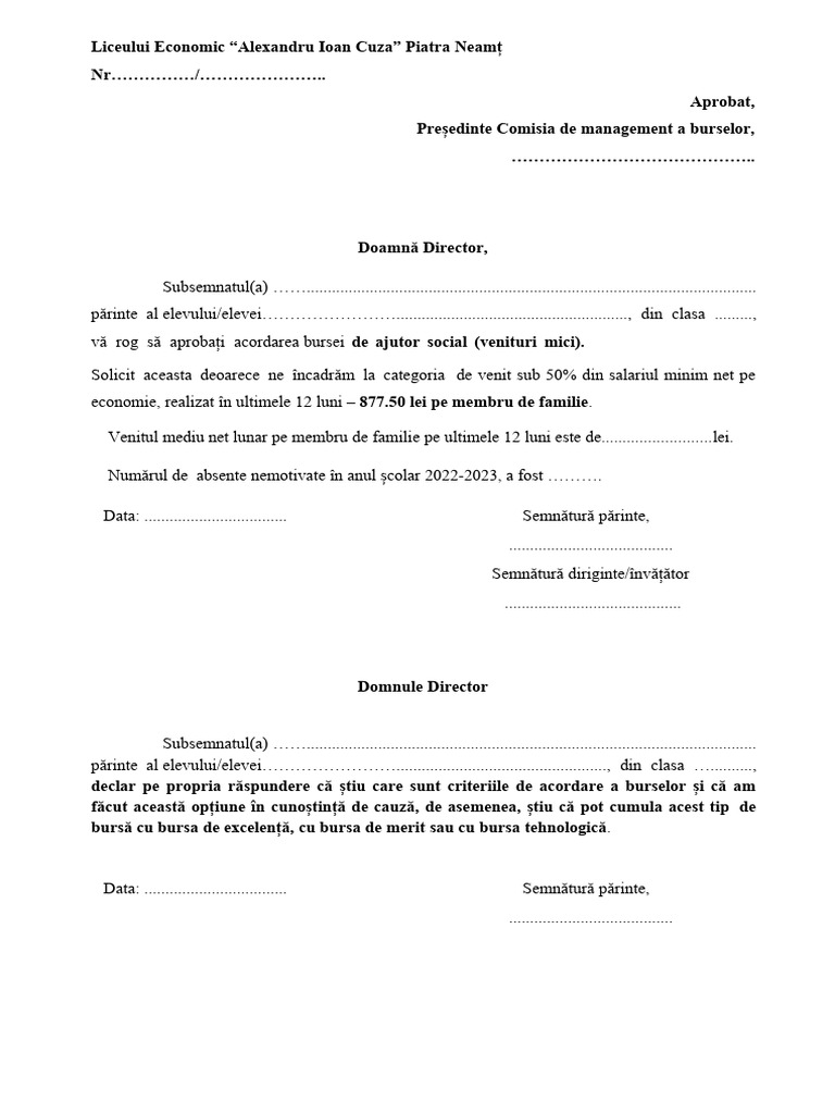 Cerere Bursă Socială (1) | PDF