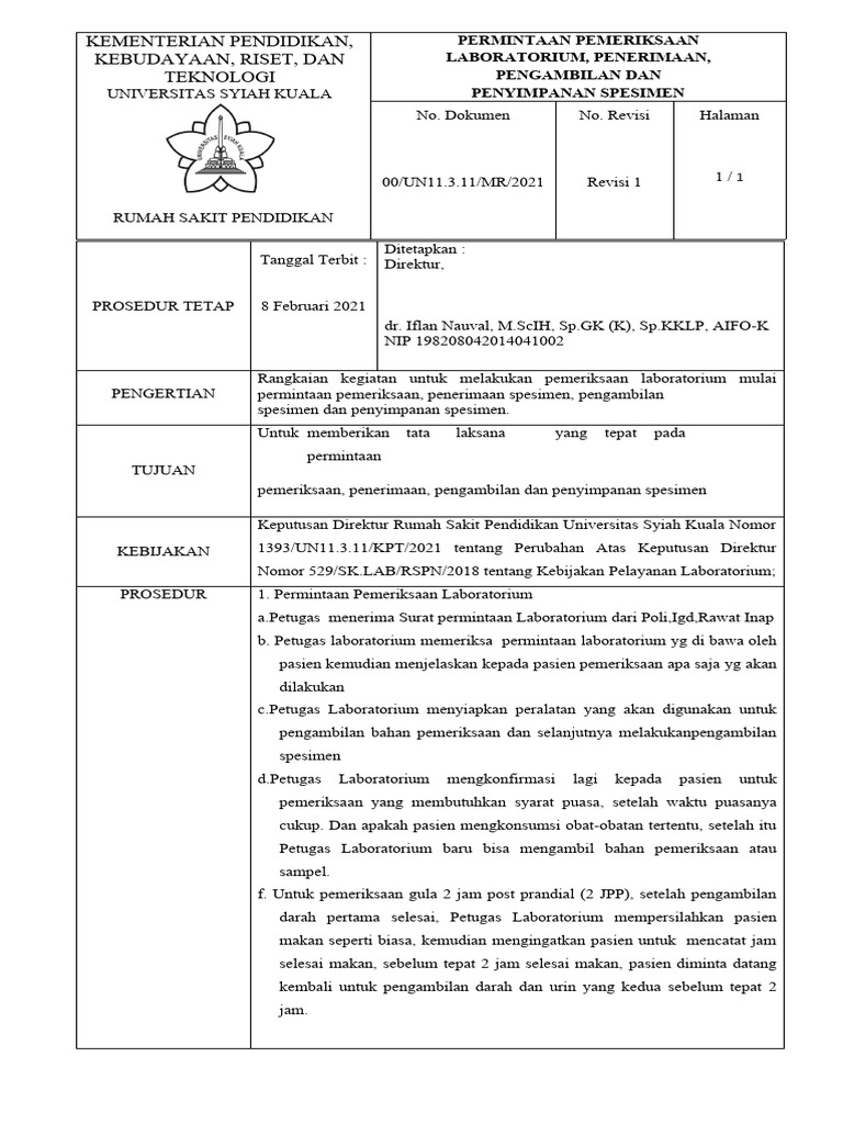 Sop Permintaan, Penerimaan, Pengambilan, Penyimpanan Sampel | PDF