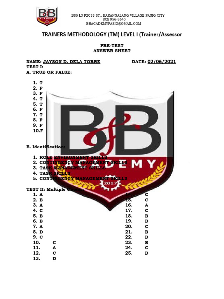 Tm1 Pre-Test Answer Sheet | PDF | Curriculum | Learning