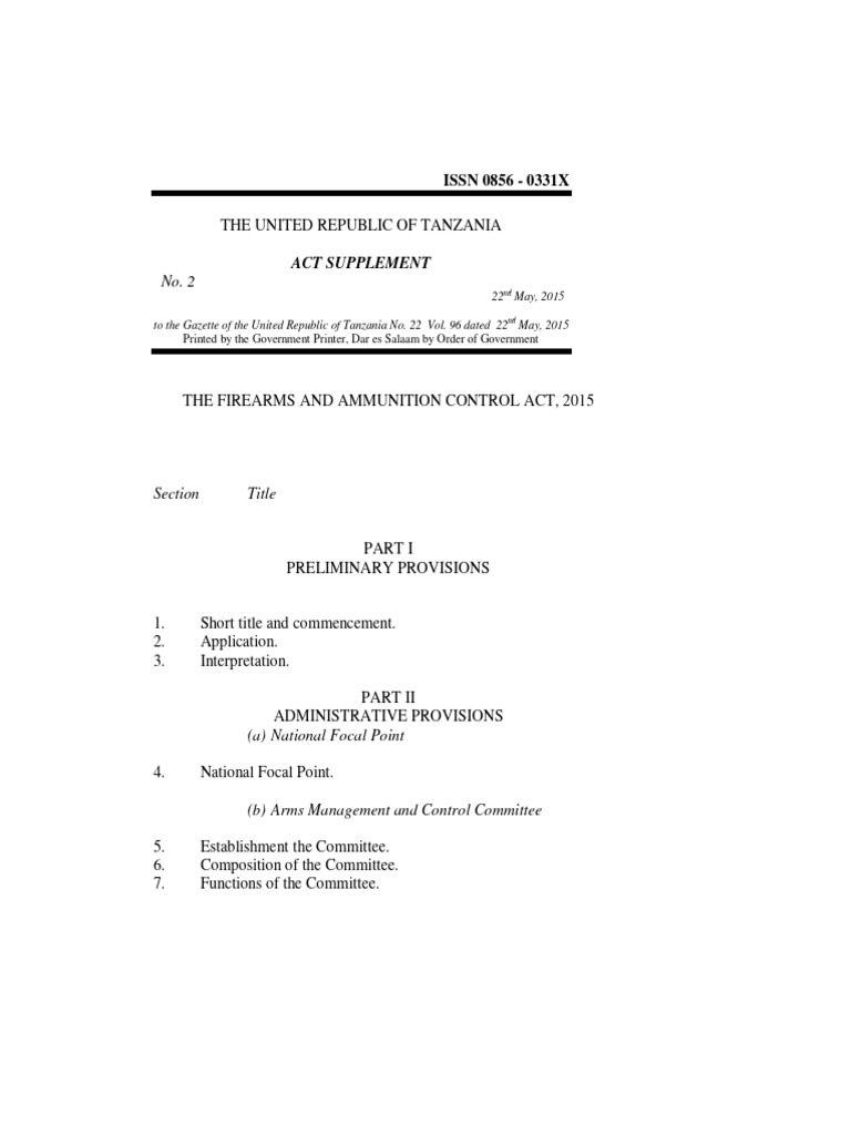 Act Supplement No. 2: ISSN 0856 - 0331X | PDF | Overview Of Gun Laws By ...