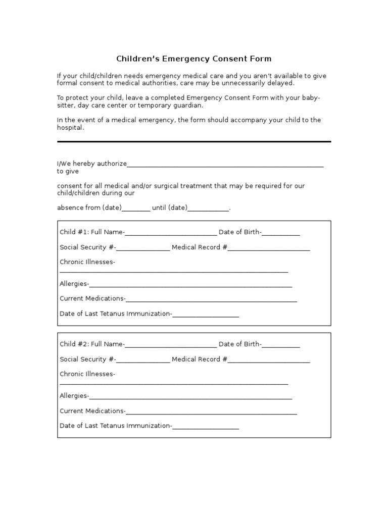 Children's Emergency Consent Form | PDF | Medical Record | Legal Guardian