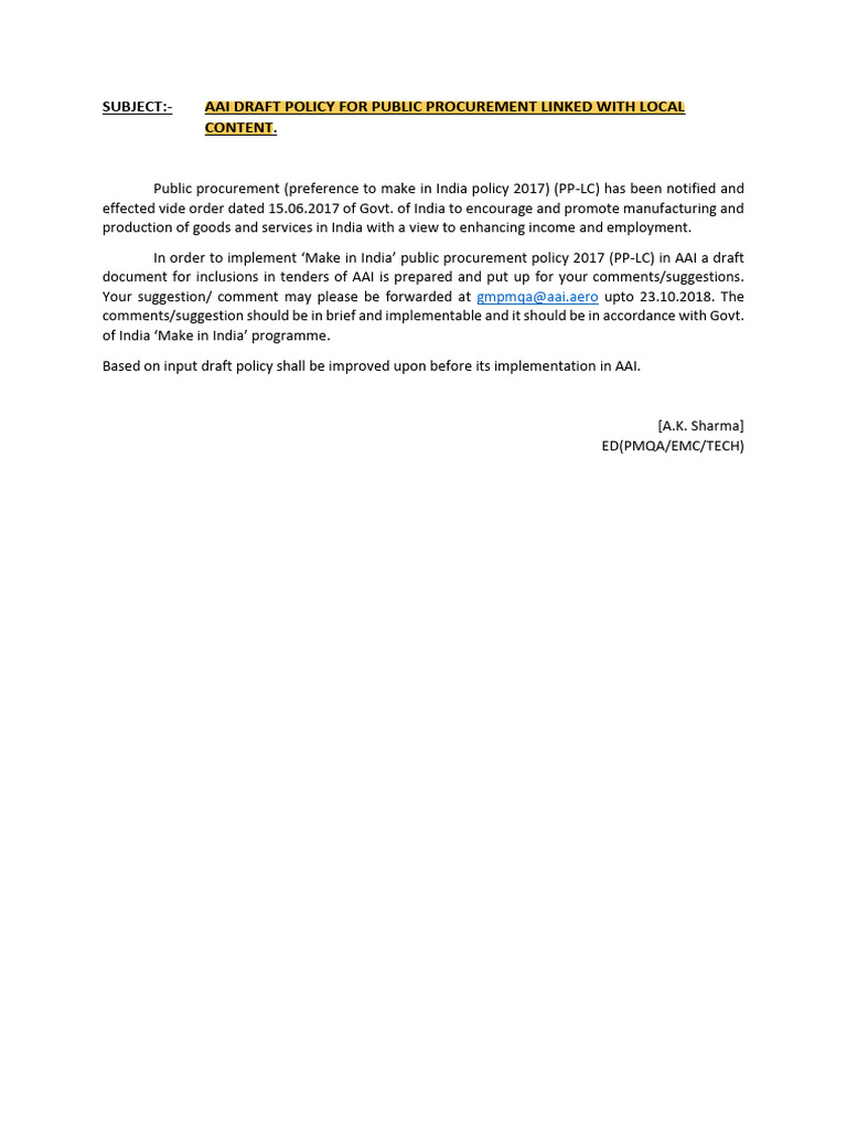 Aai Draft Policy For Public Procurement Linked With Local | PDF ...