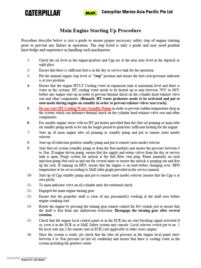 MaK Main Engine Starting Up Procedure Rev3 | PDF | Engines | Pump