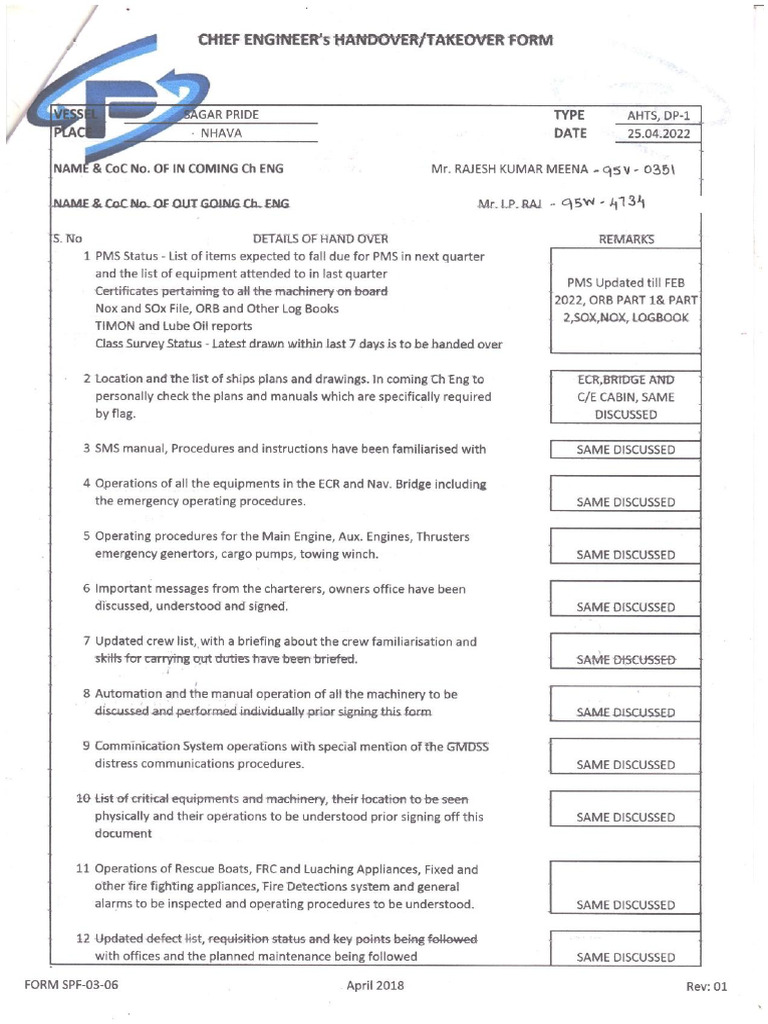 Ce Handing and Taking Over Form | PDF