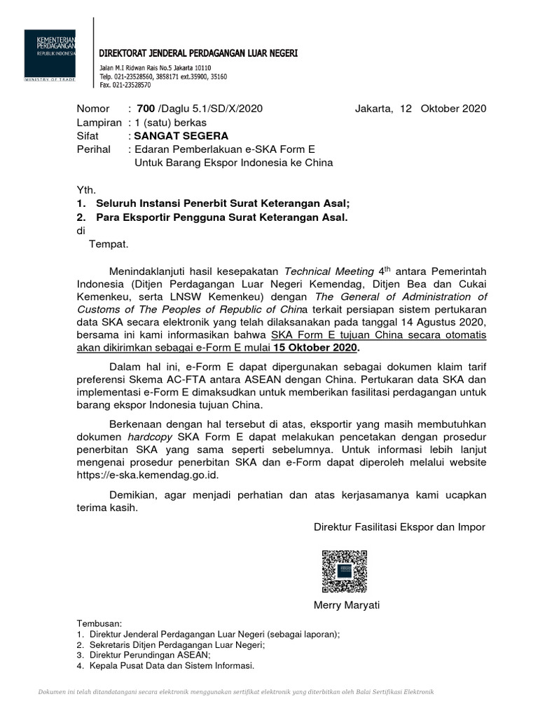 Edaran Pemberlakuan e-SKA Form E | PDF