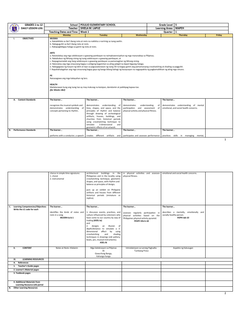 GRADE 5 MAPEH DLL Week 1 8 | PDF | Learning