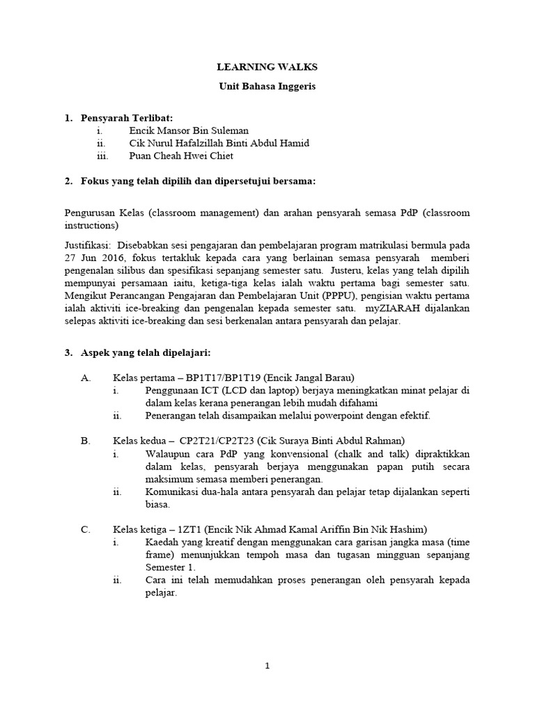 Contoh Pelaporan Learning Walk | PDF