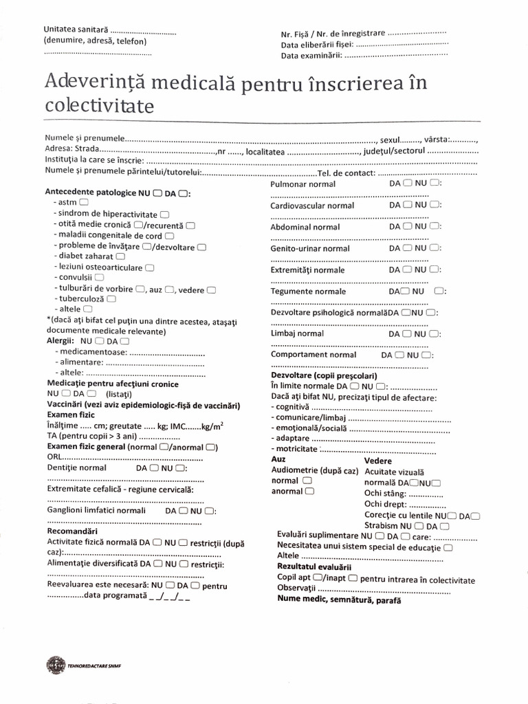 Adeverinta Medicala Inscriere Gradinita | PDF