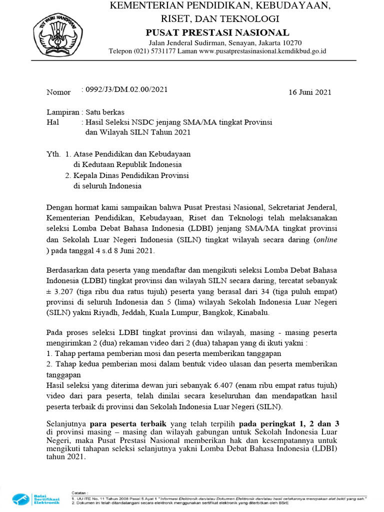 Hasil Seleksi NSDC Jenjang SMA MA Tingkat Provinsi Dan Wilayah SILN Tahun 2021 | PDF