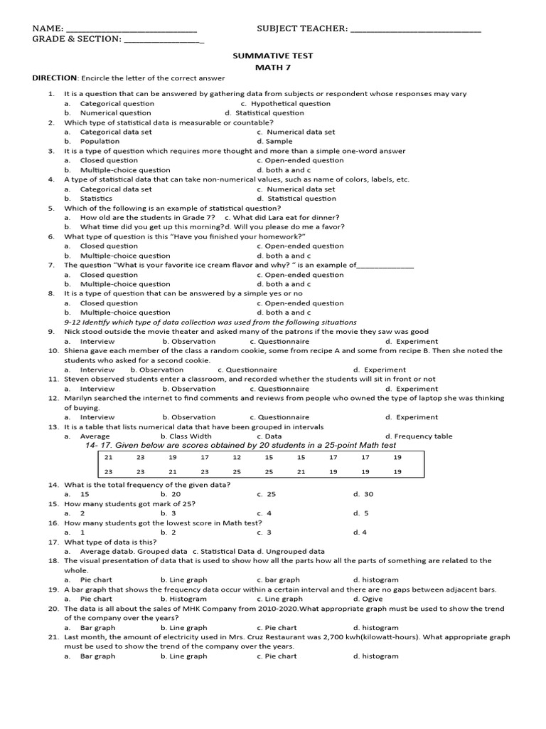 Summative Test | PDF | Variance | Mean
