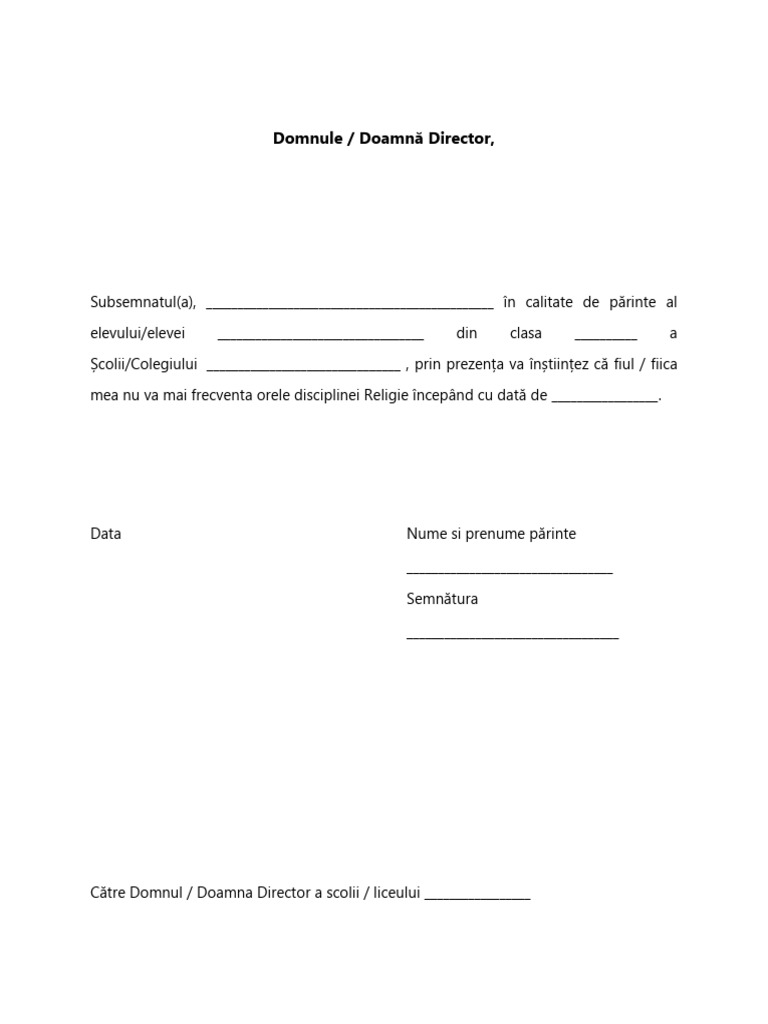Cerere Retrage Ora de Religie | PDF