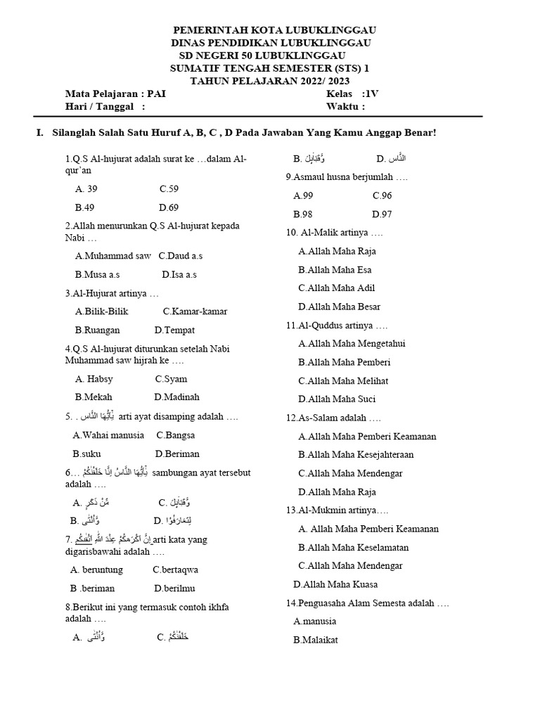 Soal Pai Kelas 4 STS 1 TP 2023-2024 | PDF