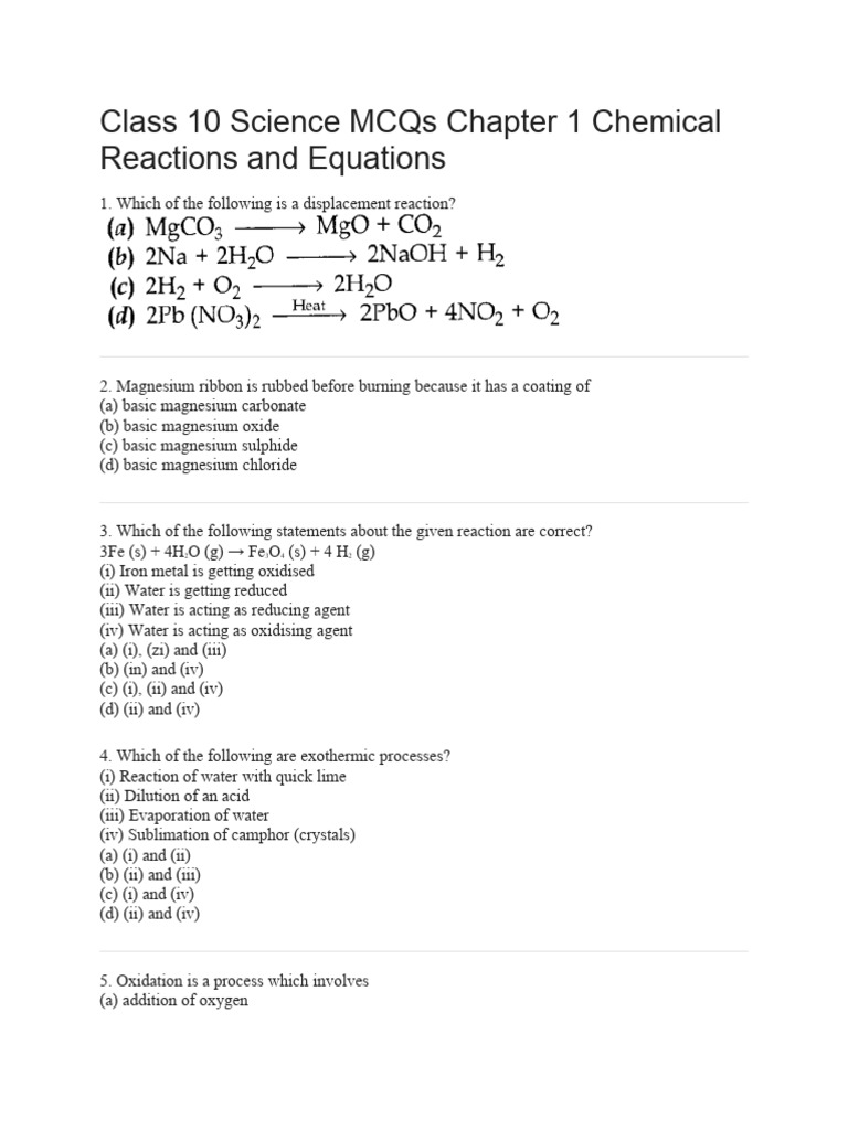 Class 10 Science (CHEMISTRY) MCQs Chapter 1,2,3 Questions | PDF | Oxide | Chlorine