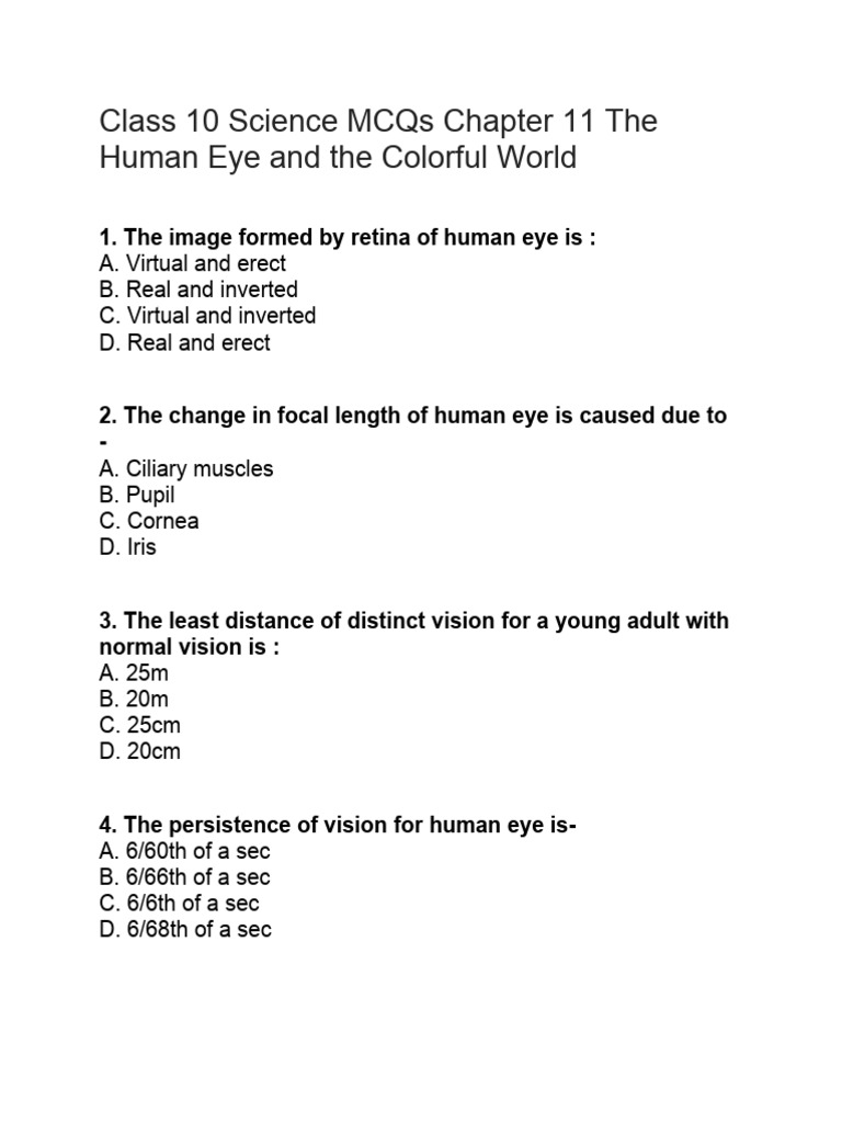 Class 10 Science (Physics) MCQs Chapter 11 Questions | PDF | Eye ...