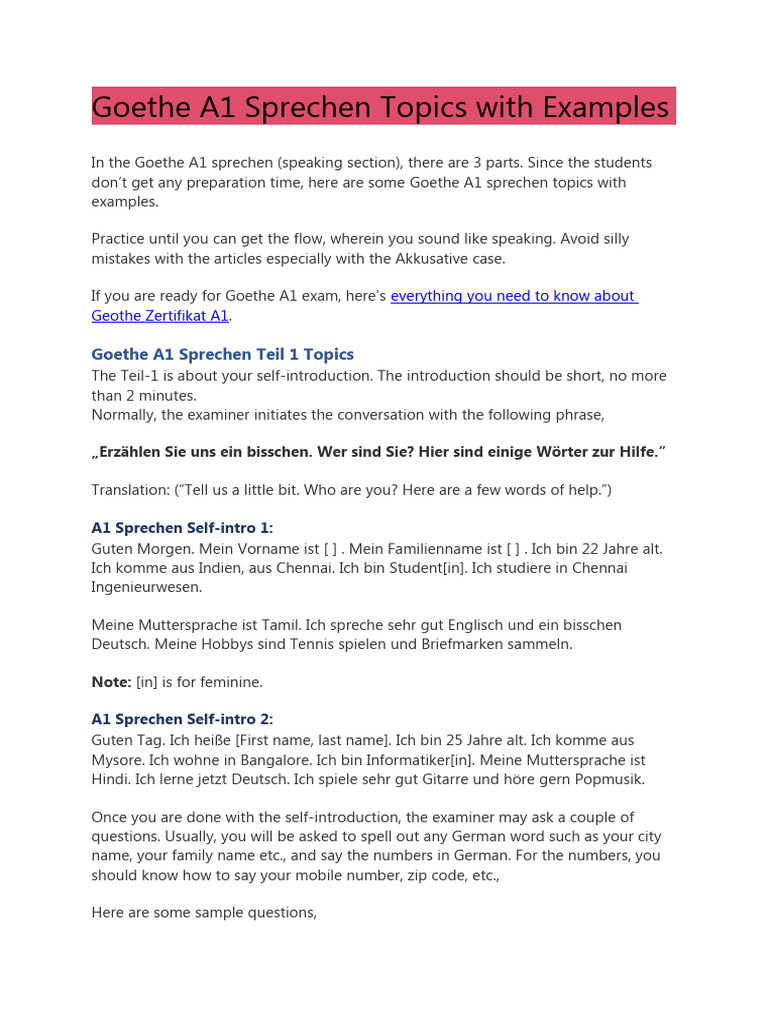 Goethe A1 Sprechen Topics With Examples | PDF