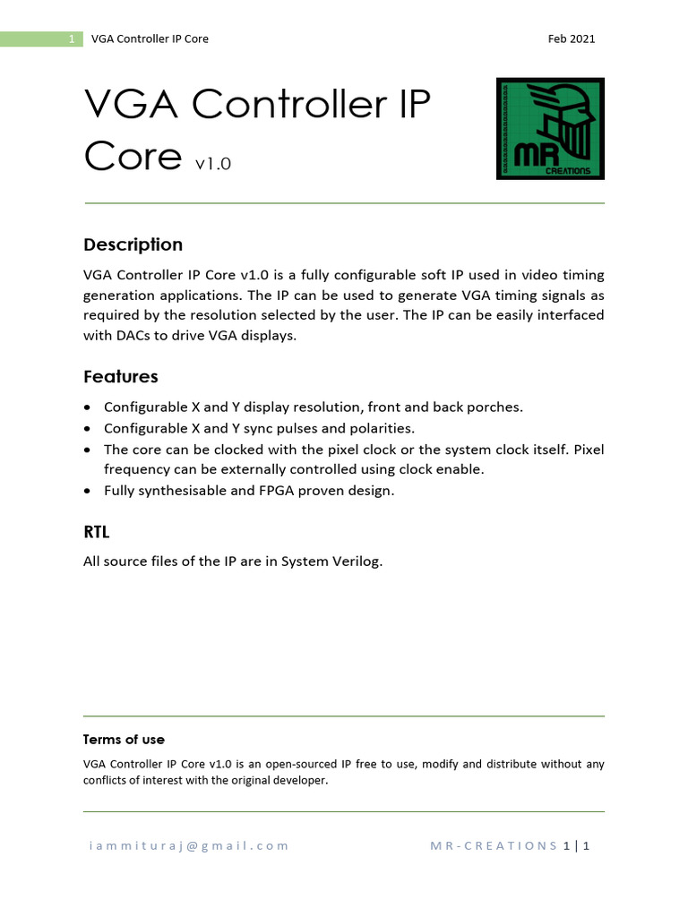 VGA Controller IP Core v1.0 Overview | PDF | Computers