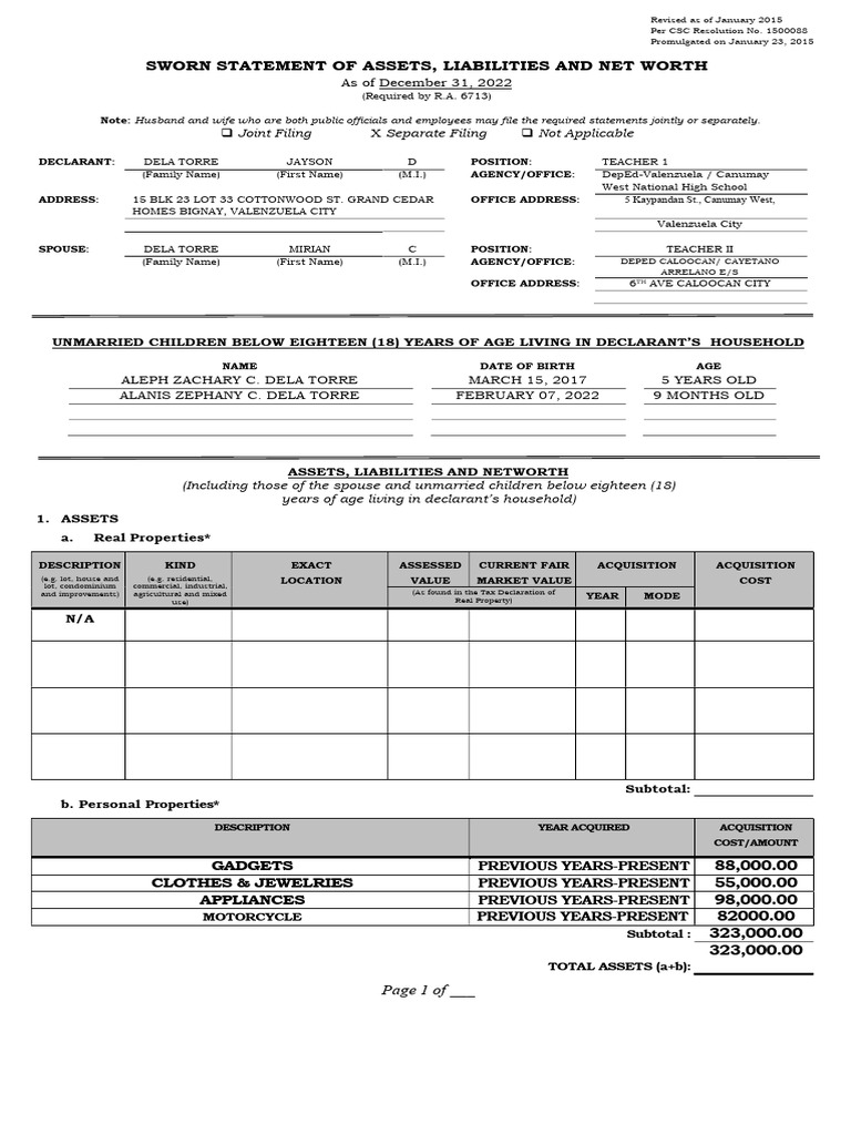 Sworn Statement of Assets, Liabilities and Net Worth | PDF | Net Worth ...