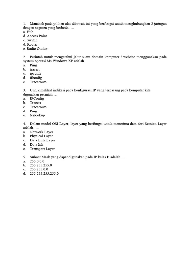 Soal Latihan Jaringan Kabel Dan Nirkabel | PDF