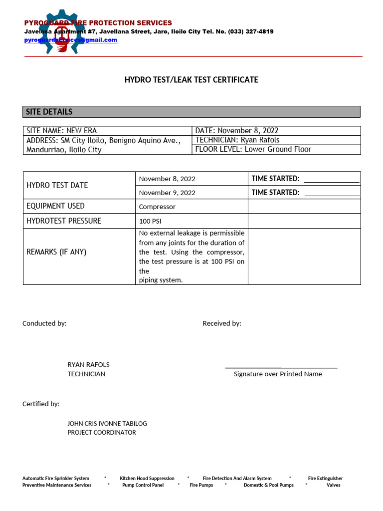 Hydrotest Certificate | PDF