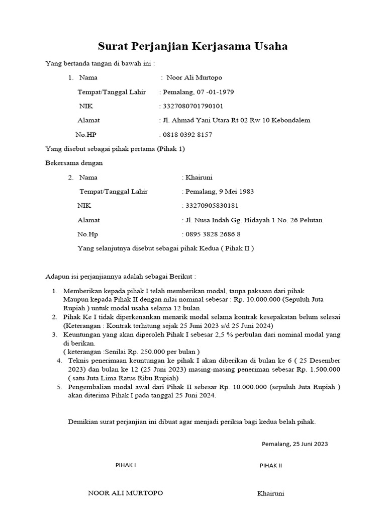 Surat Perjanjian Kerjasama Usaha Pdf