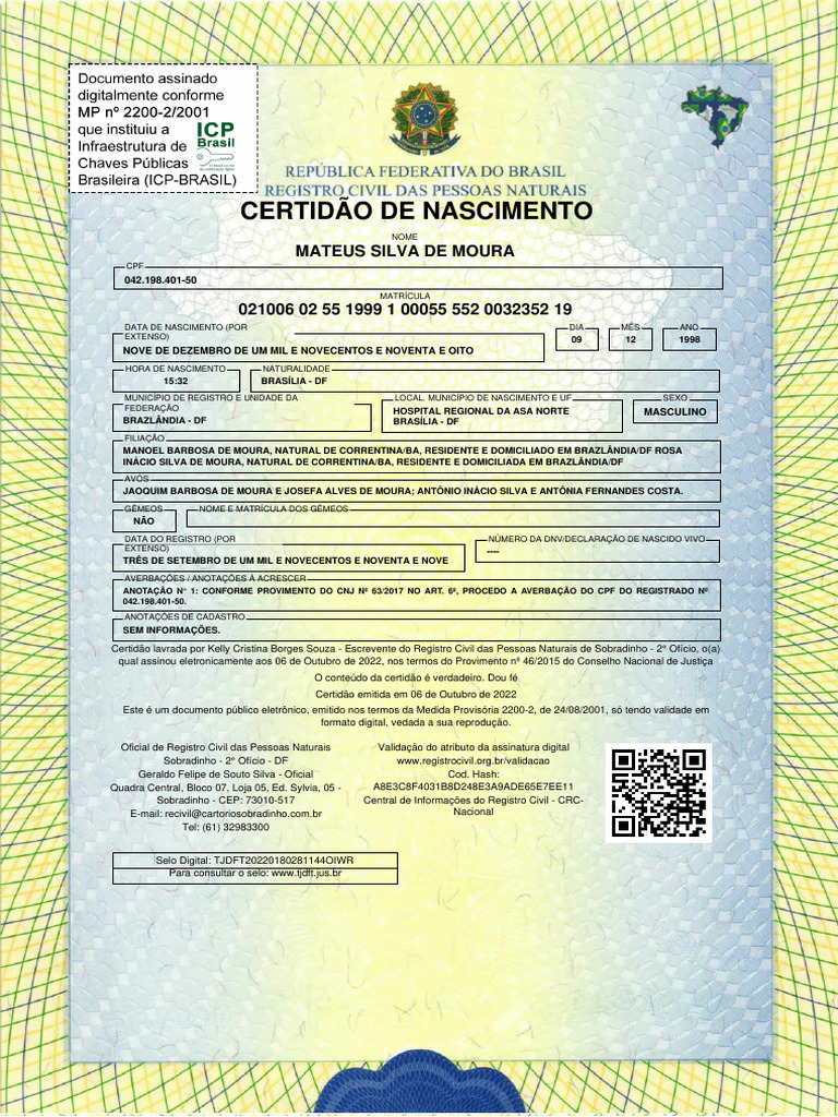 Certidão de Nascimento de Mateus Moura | PDF | Governo | Brasil